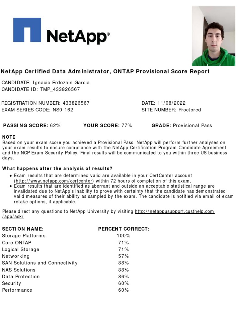 Provisional Pass on the NetApp Certified Data Administrator, ONTAP Exam with Score Breakdown and ...