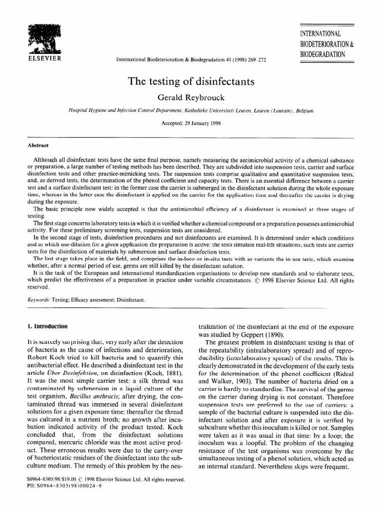 The Testing of Disinfectants | PDF | Disinfectant | Antimicrobial