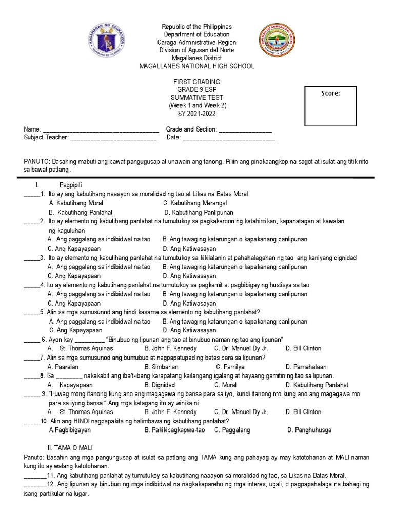 Esp9 Summative 1&2 | PDF