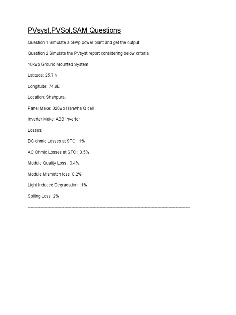PVsyst PVSol SAM Exam Questions | PDF