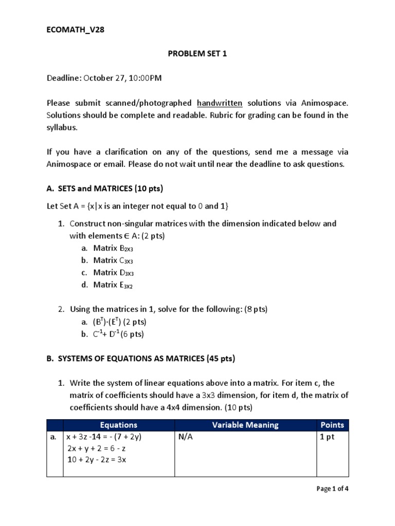 ECOMATH - Problem Set 1-2 | PDF | Input–Output Model | Matrix (Mathematics)