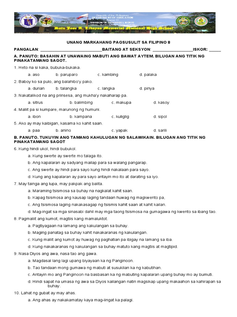 Unang Markahang Pagsusulit Sa Filipino 8 | PDF