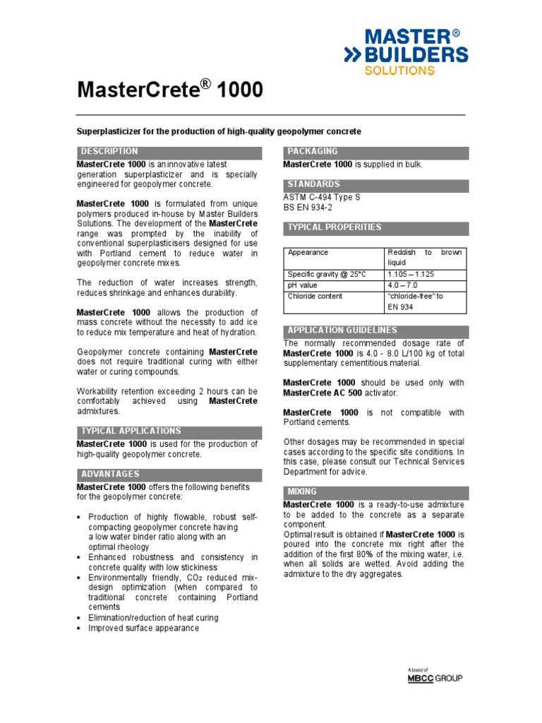 Mastercrete 1000 Tds | PDF | Concrete | Cement