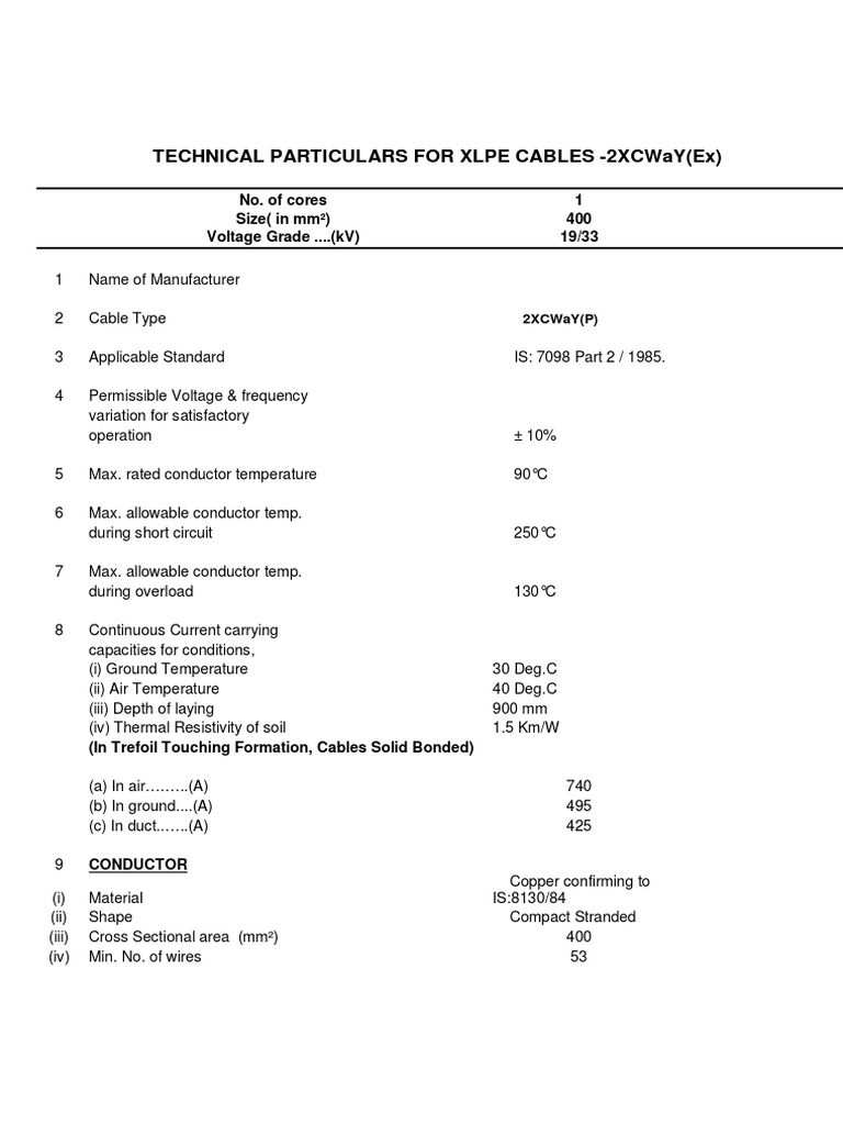 33kV XLPE Copper Cable Specifications | PDF | Electrical Conductor ...