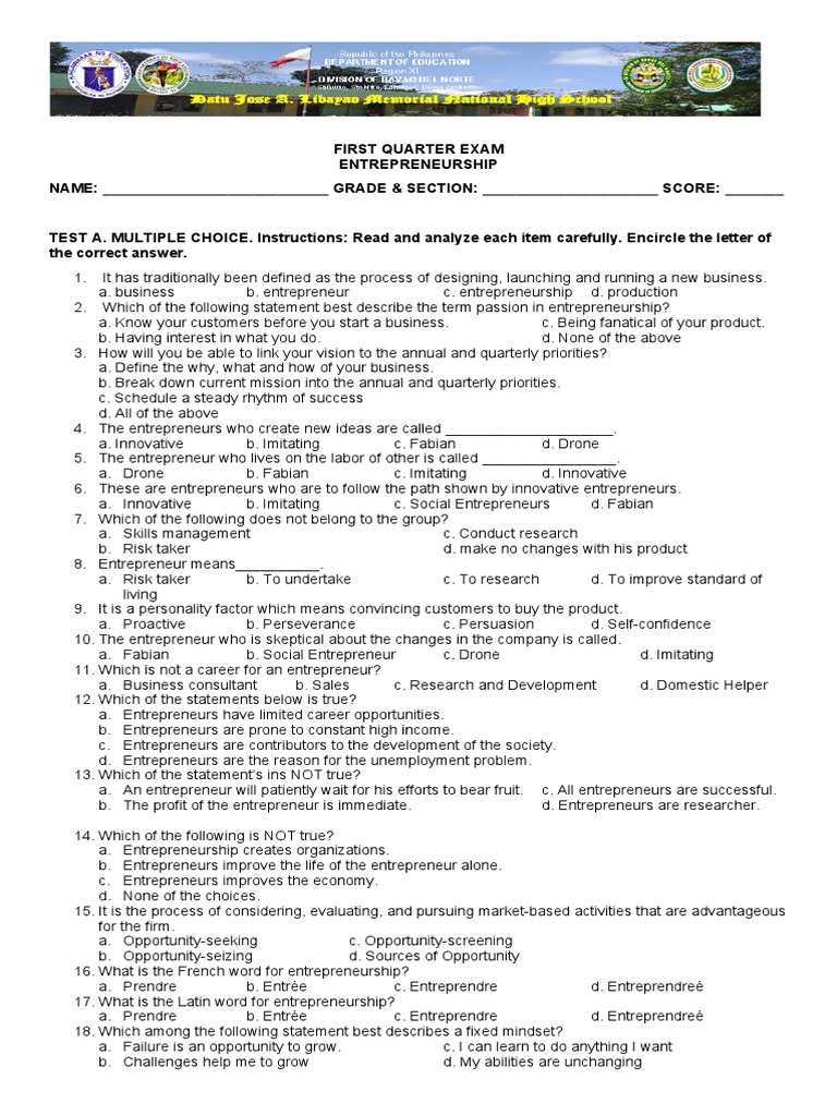 First Quarter Exam - Entrepreneurship | PDF | Entrepreneurship | Goods