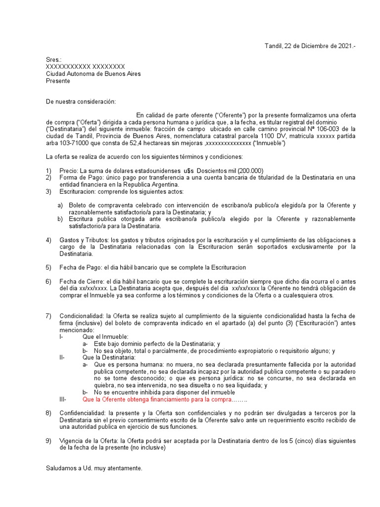 Carta Propuesta de Compra Terreno | PDF | Interés | Crédito