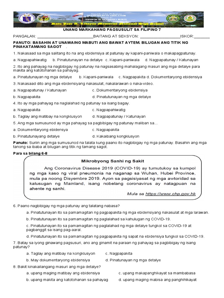 First Quarter Exam - Filipino 7 | PDF