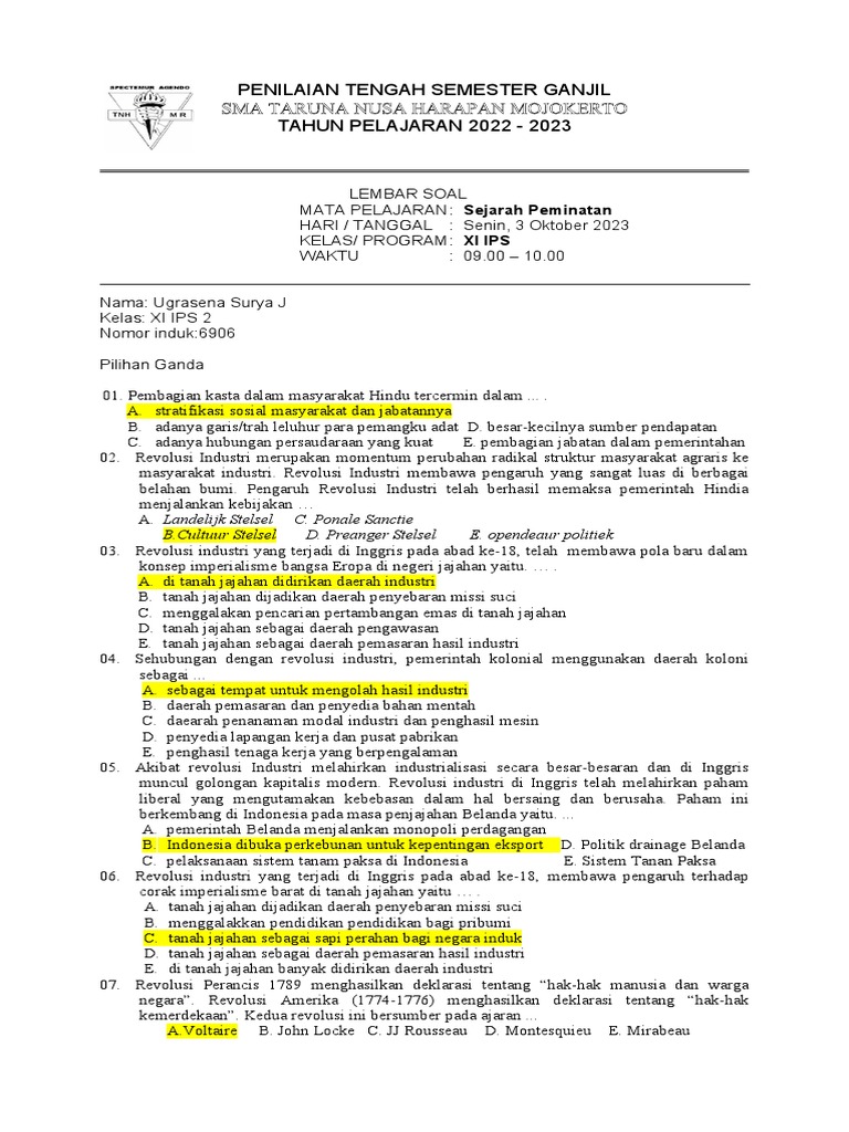 PTS Ganjil Sejarah Peminatan Kelas Xi 2022-2023 | PDF