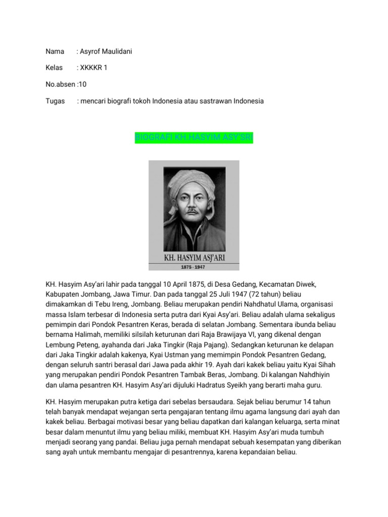 Asyrof Maulidani Tugas Biografi KH - HASIM ASY'ARI | PDF