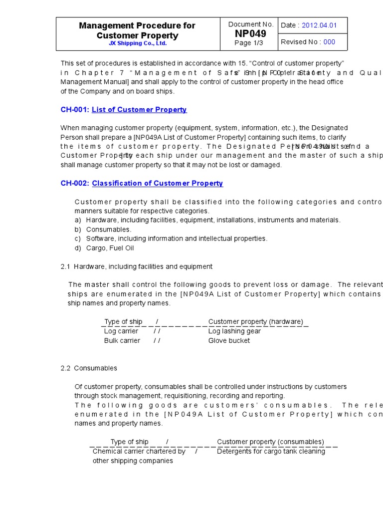 NP049 Management Procedure For Customer Property - (JX) - 20120401 ...