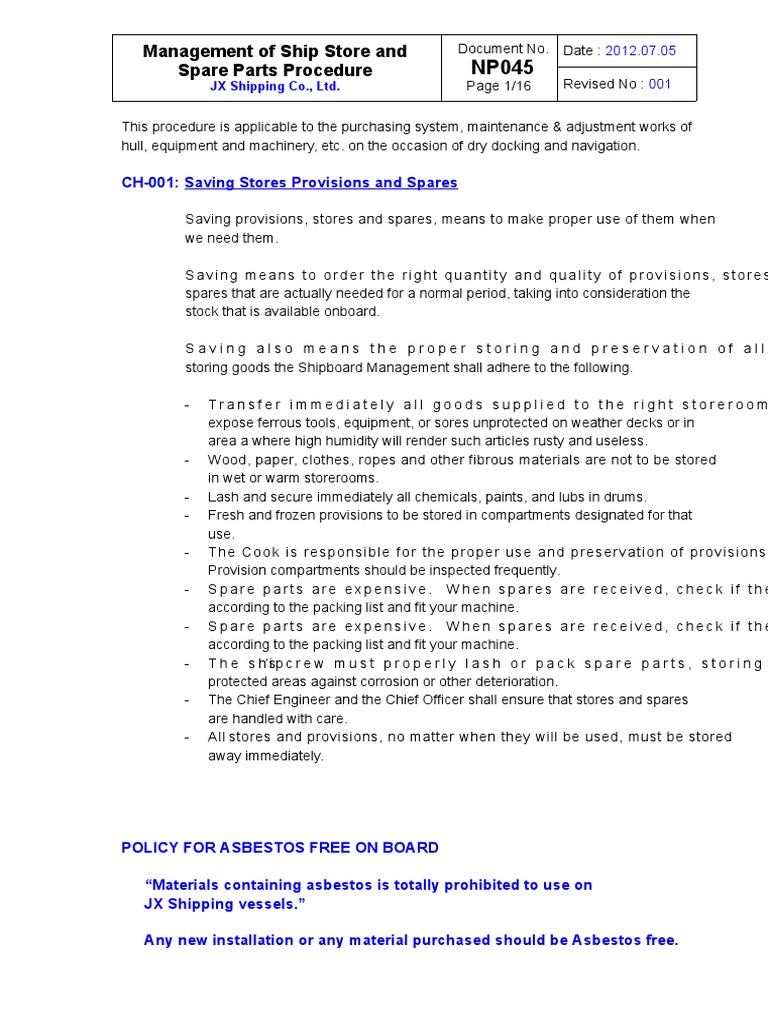 NP045 Management of Ship Store and Spare Parts Procedure - (JX ...
