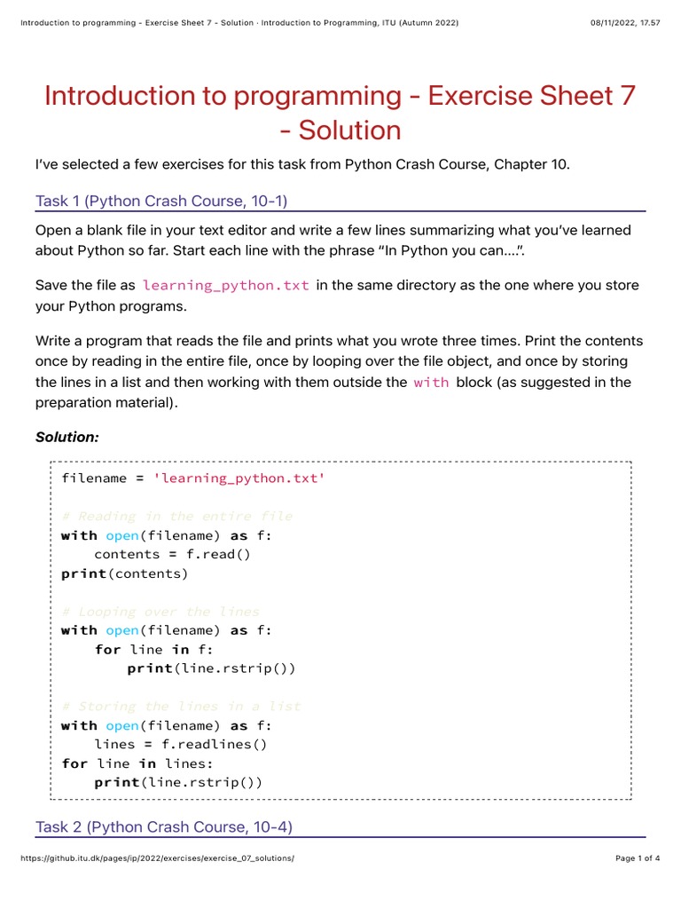 Introduction To Programming - Exercise Sheet 7 - Solution Introduction To Programming, ITU ...