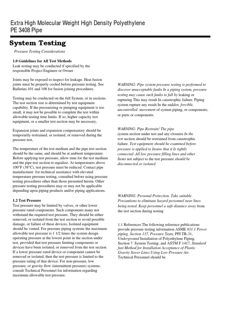 HDPE Testing Procedure | Download Free PDF | Leak | Pipe (Fluid Conveyance)