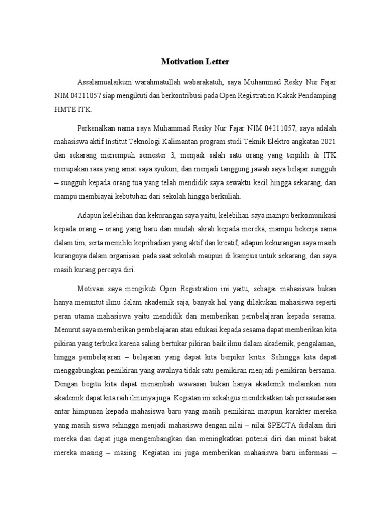 Motivation Letter - Muhammad Resky Nur Fajar | PDF