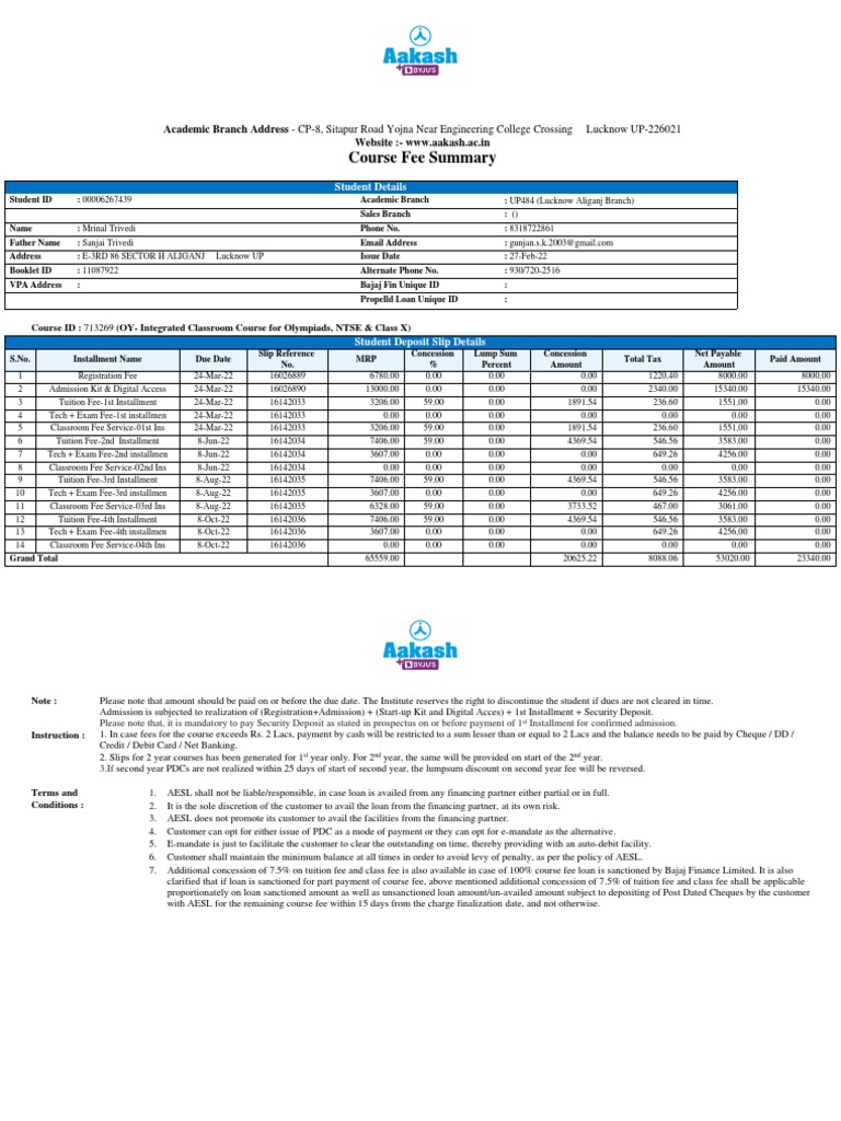 Course Fee Summary: Mrinal Trivedi, Student ID 00006267439, OY ...