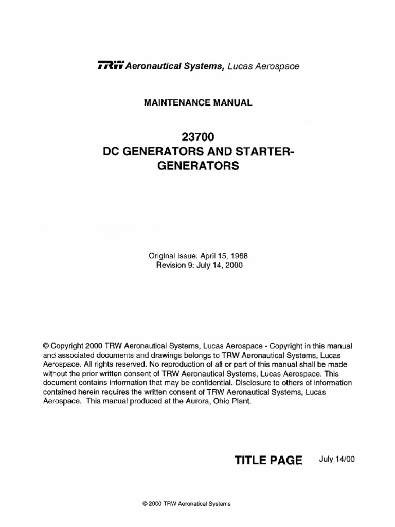 TRW Aeronautical Systems, Lucas Aerospace, 23700 DC Generators & Starter-Generators Maintenance ...