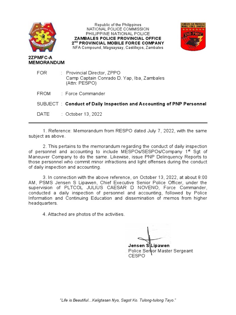Daily PNP Personnel Inspection Memo | PDF | Sergeant | Government