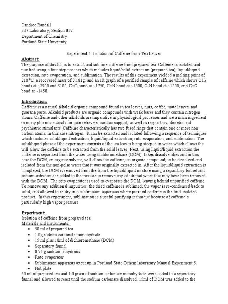 Caffeine Isolation from Tea Leaves | PDF | Chemical Substances | Water