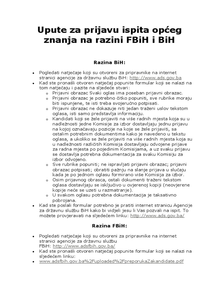 Upute Za Prijavu Ispita Općeg Znanja Na Razini FBiH I BiH | PDF