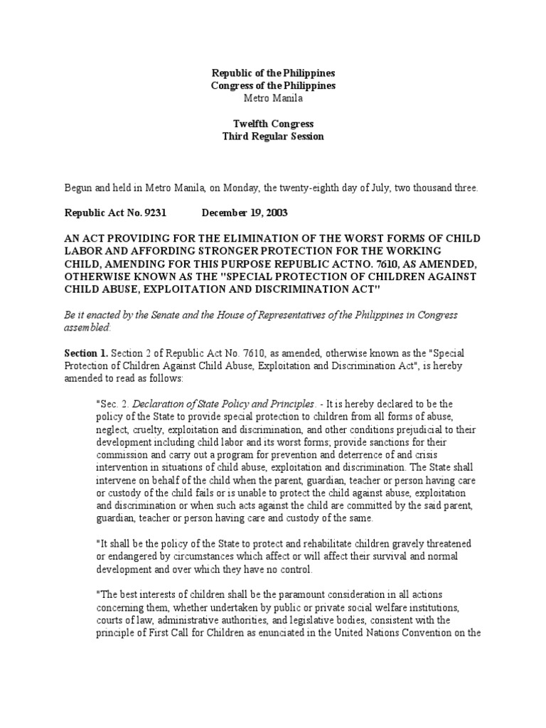 About Republic Act 9231 Anti Child Labor Law 10.22.14 | PDF | Human ...