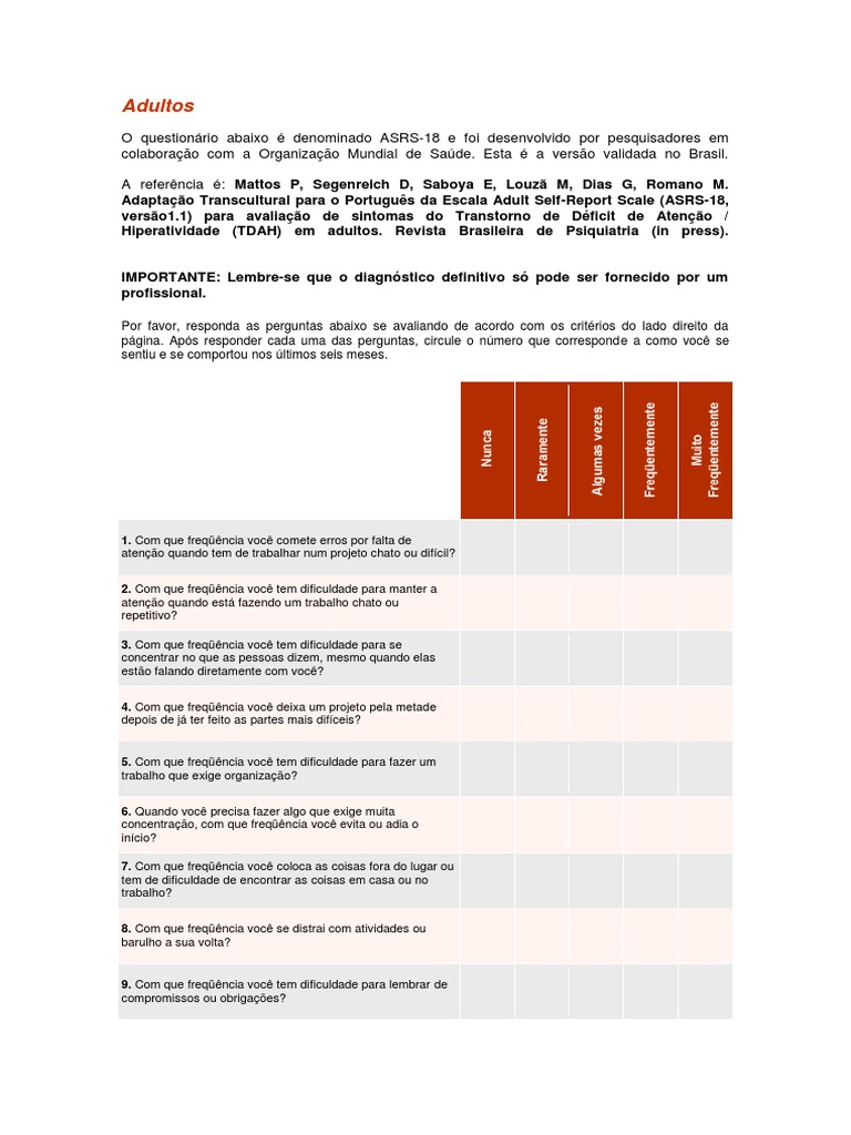 ASRS-18, Versão 1.1 - OMS - Adulto | PDF | Transtorno de déficit de ...