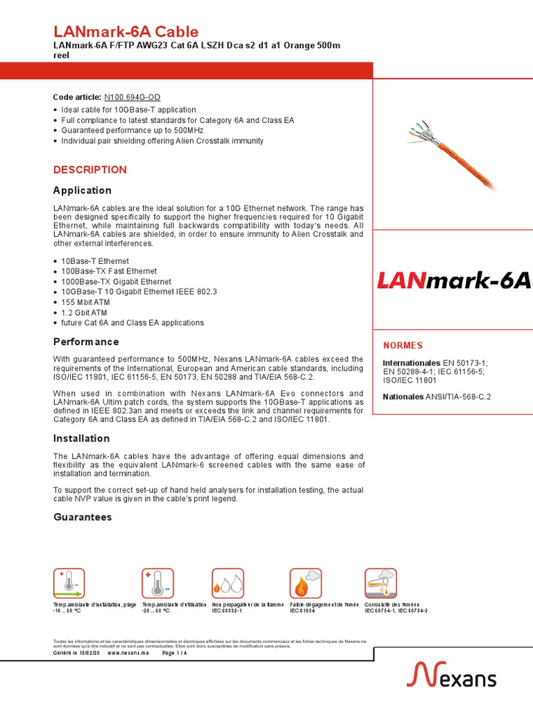 Fiche Technique Cable 4 Paires CAT 6A NEXANS | PDF | Ethernet ...