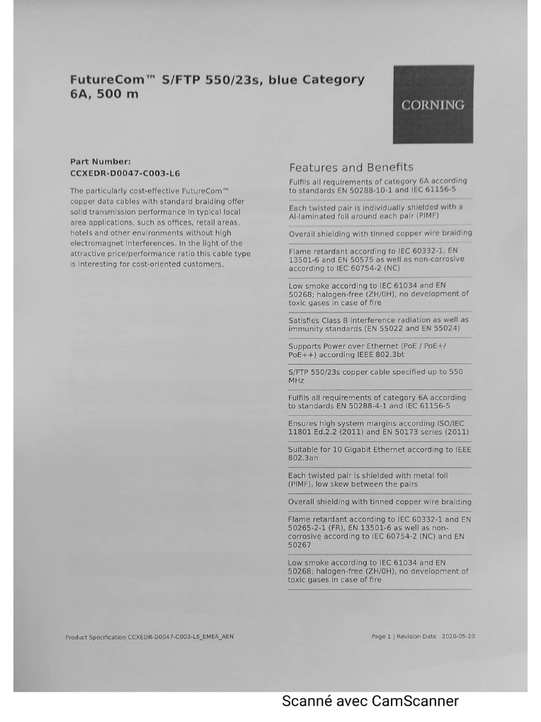 Fiche Technique Cable 4paires CAT6A CORNING | PDF