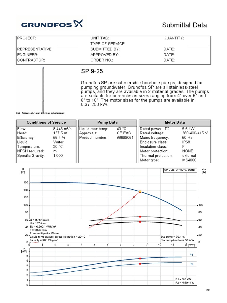 Grundfos SP 9-25 Submersible Pump Data | PDF | Pump | Electric Motor