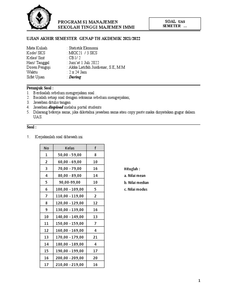 Ujian Akhir Semester Statistik Ekonomi STIMA IMMI | PDF