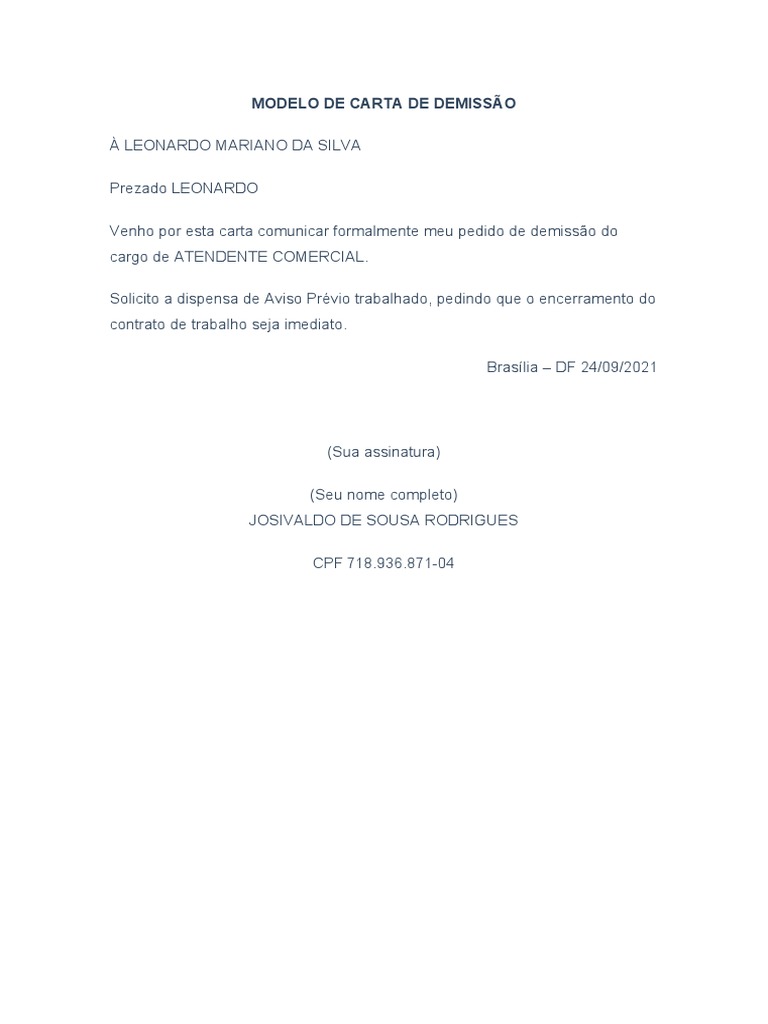 Modelo de carta de demissão comunicando o pedido de dispensa imediata ...