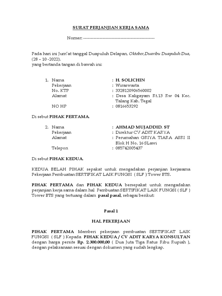 Surat Perjanjian SLF CV ADIT KARYA | PDF