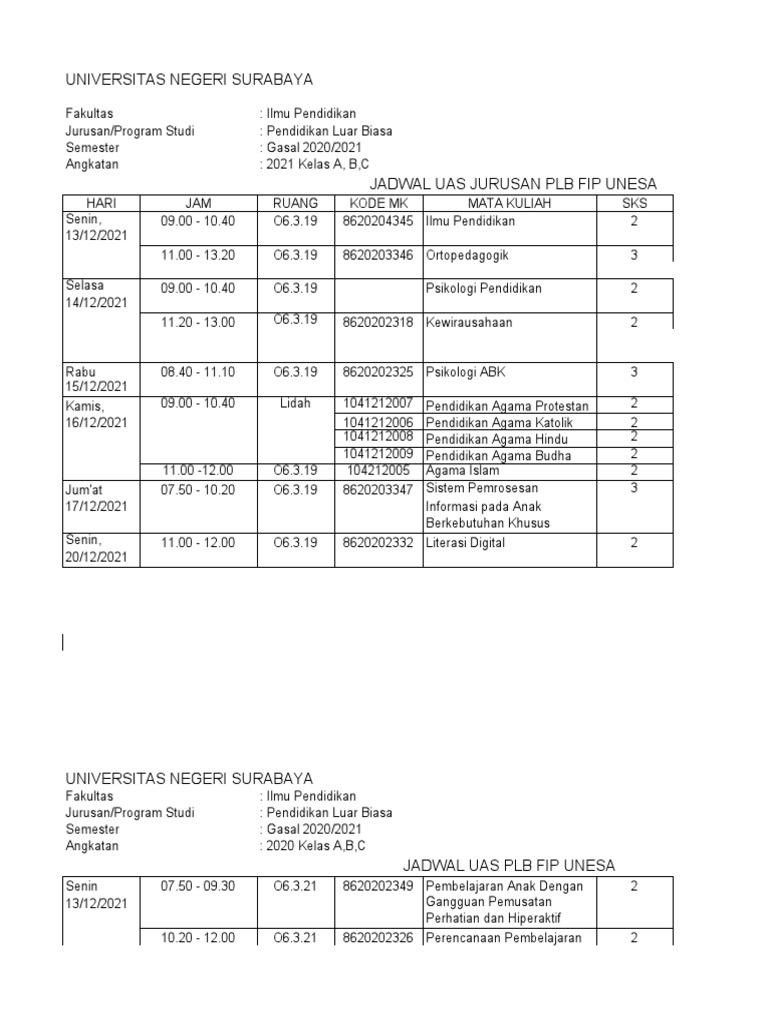 Jadwal PLB UAS Semester Gasal 2021-2022, 30112021, 1 | PDF