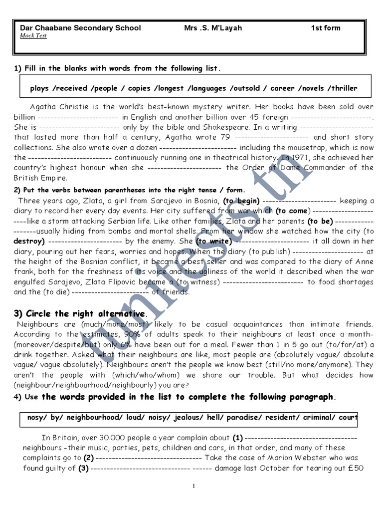 Devoir De Maison N1 1ere Annee Secondaire Anglais Mr Mlayeh