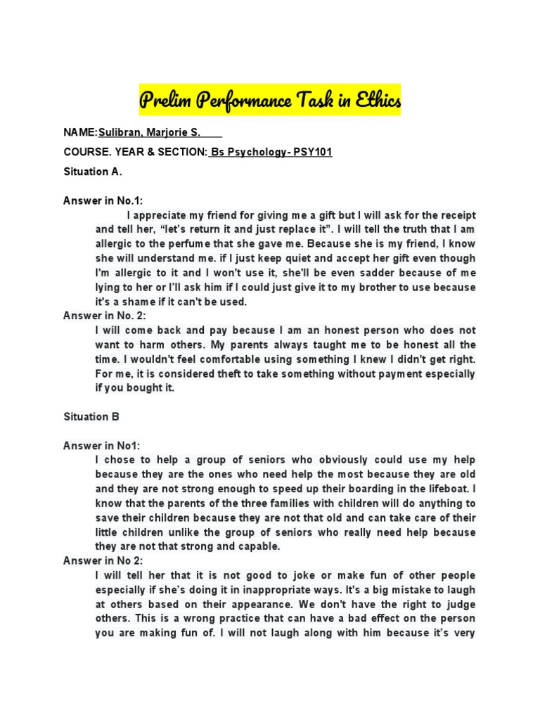 Prelim Performance Task in Ethics-Sulibran | PDF