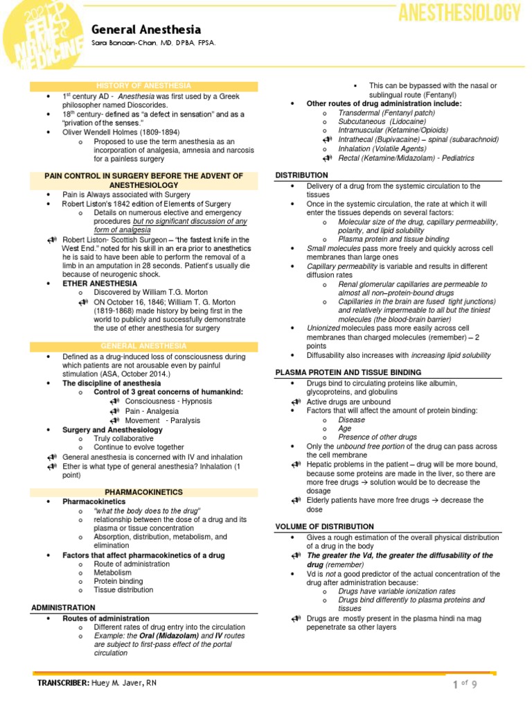 1 Surg 3B General Anesthesia DR Chan Huey Javier Med 2021 | PDF | Acetylcholine | Anesthesia