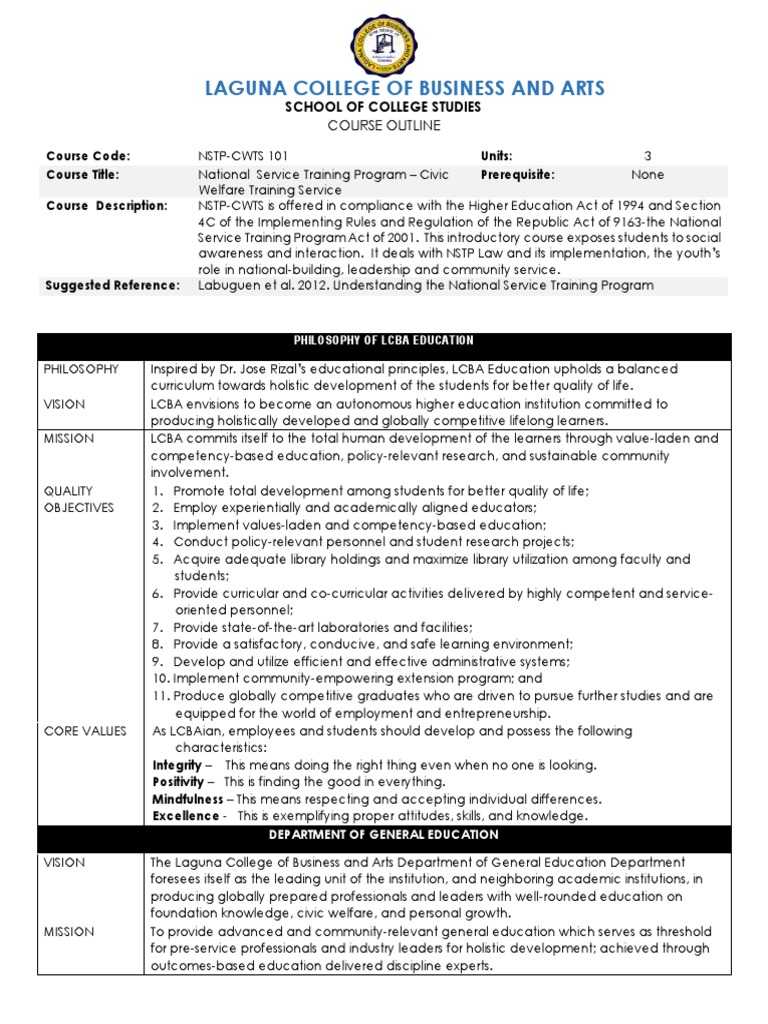 NSTP Course Outline 2022 | PDF | Test (Assessment) | Curriculum