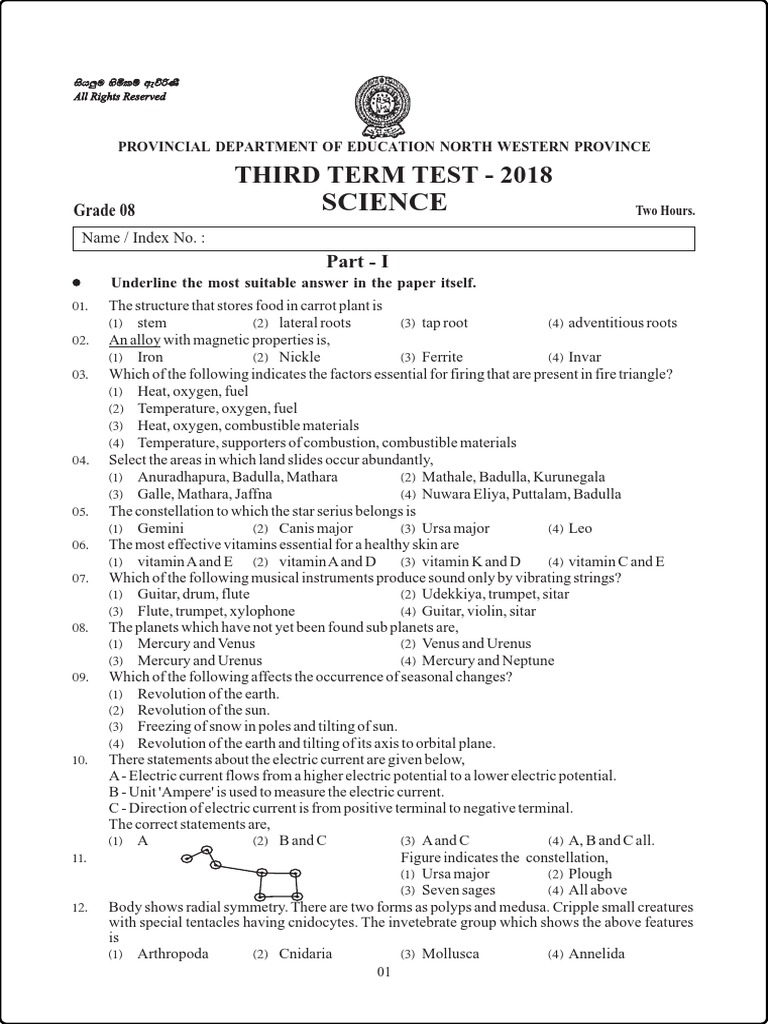 Grade 08 Science 3rd Term Test Paper 2018 English Medium - North ...