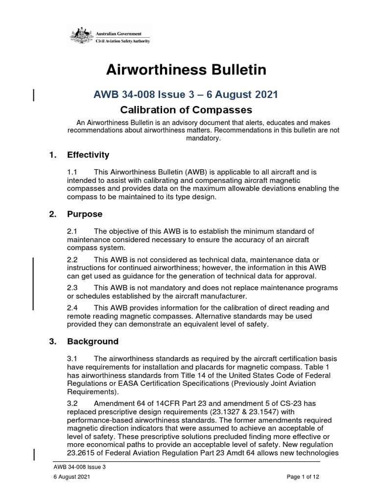 Airworthiness Bulletin 34 008 Calibration of Compasses | PDF | Compass | Earth's Magnetic Field