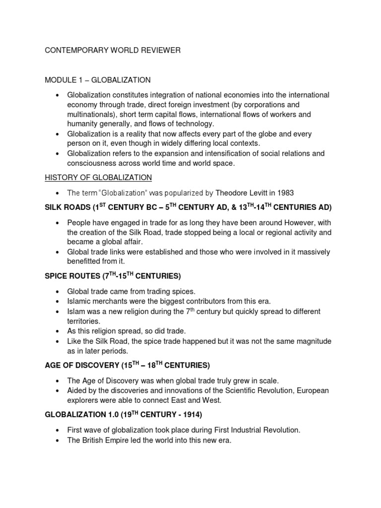 CONTEMPORARY WORLD REVIEWER Final | PDF | Human Migration | Globalization