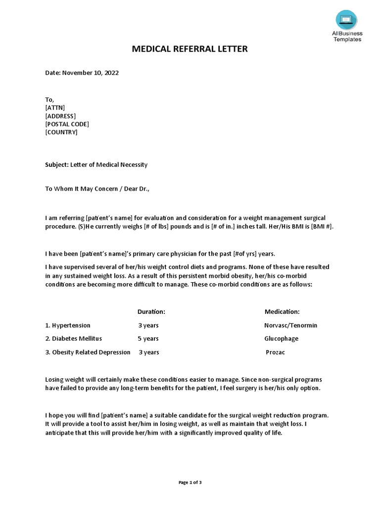 Medical Referral Letter | PDF | Obesity | Weight Loss