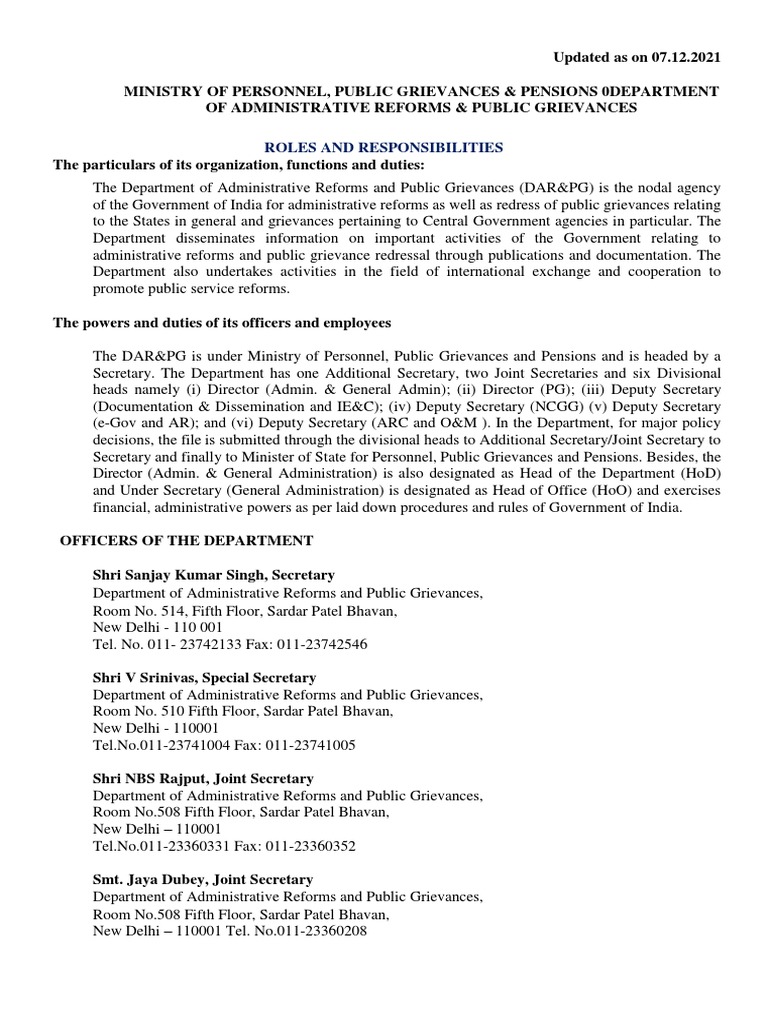 Roles and Responsibilities of DARPG | PDF | Government Of India ...