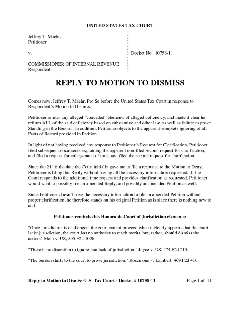 IRS Tax Court Reply To Motion To Dismiss-Complete | PDF | Gross Income | Property