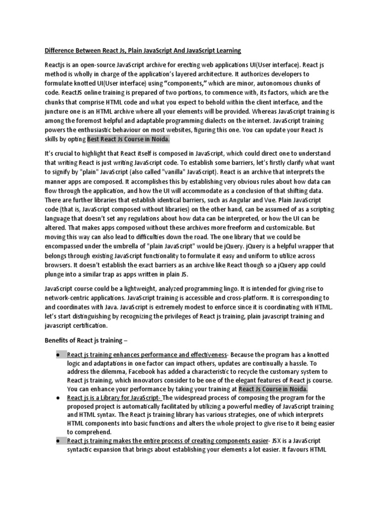 Difference Between React Js Plain Javascript And Javascript Learning Pdf Java Script Web