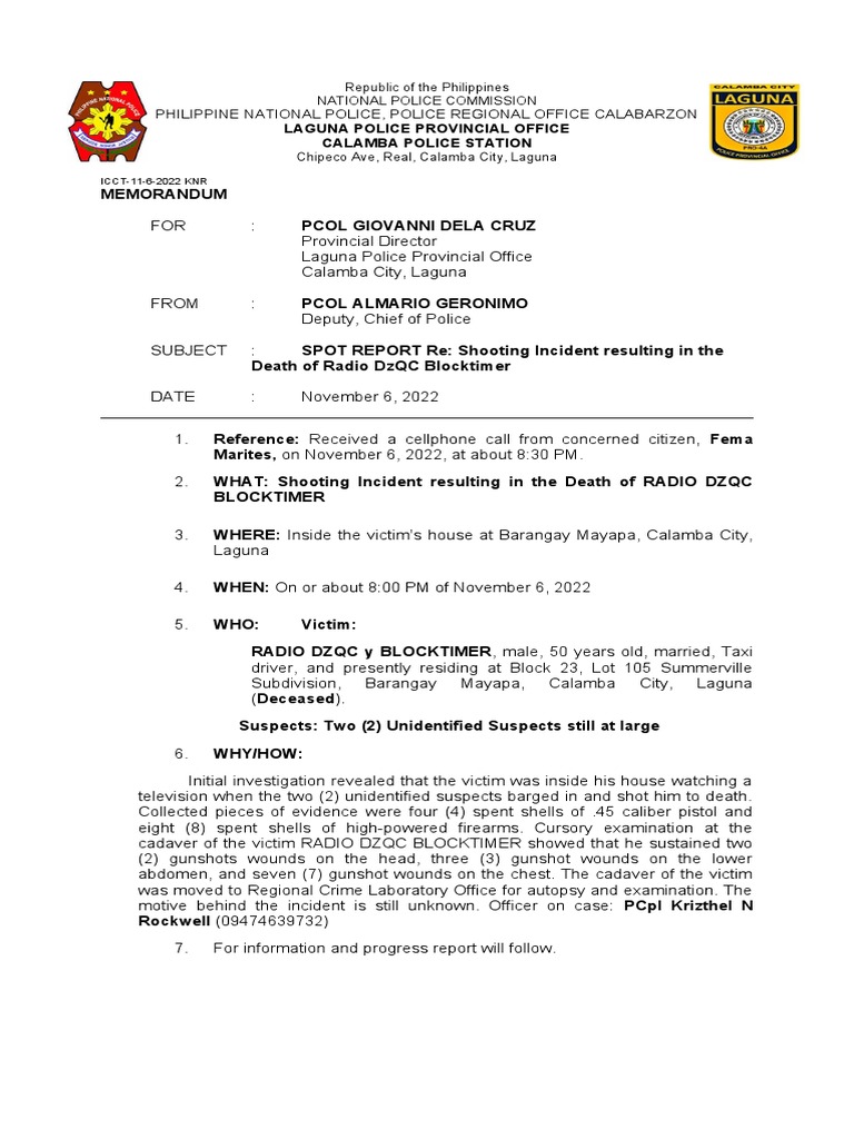 Spot Report - Shooting Incident | PDF | Murder | Crimes Spot Report - Shooting Incident | PDF | Murder | Crimes