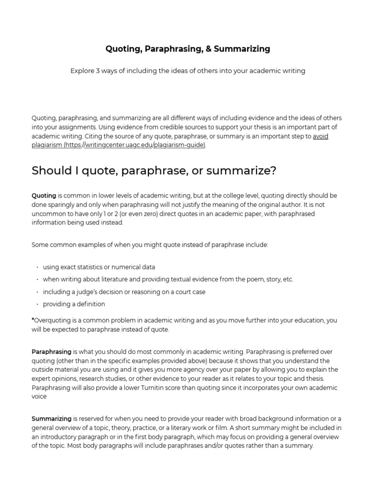 Quoting, Paraphrasing, & Summarizing - UAGC Writing Center | PDF ...