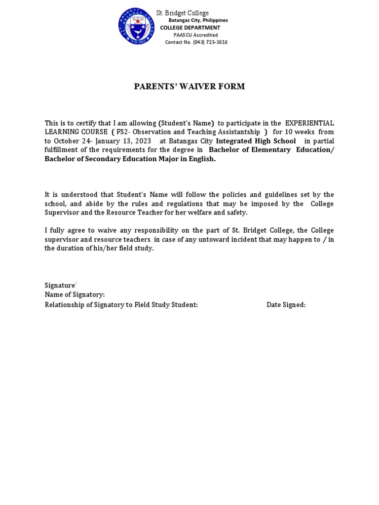 Waiver | PDF | Teachers | Learning