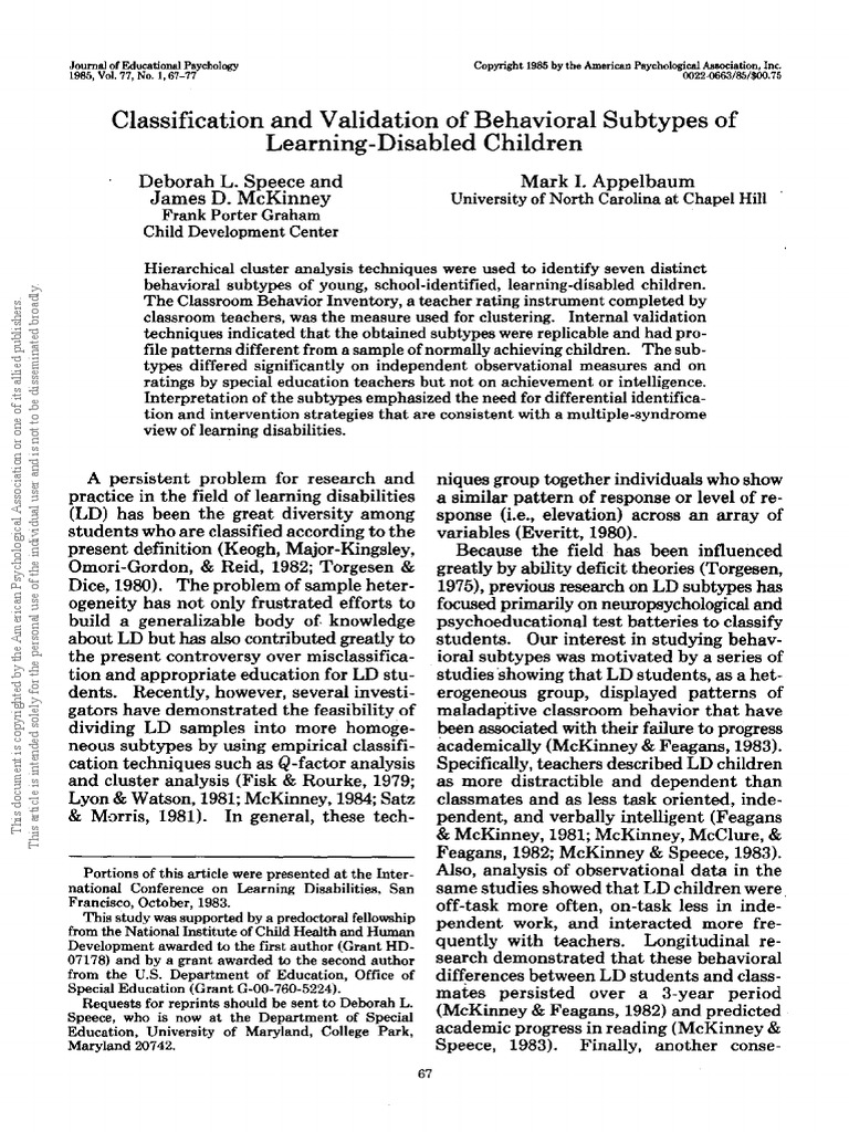 Classification And Validation Of Behavioral Subtypes Of Learning
