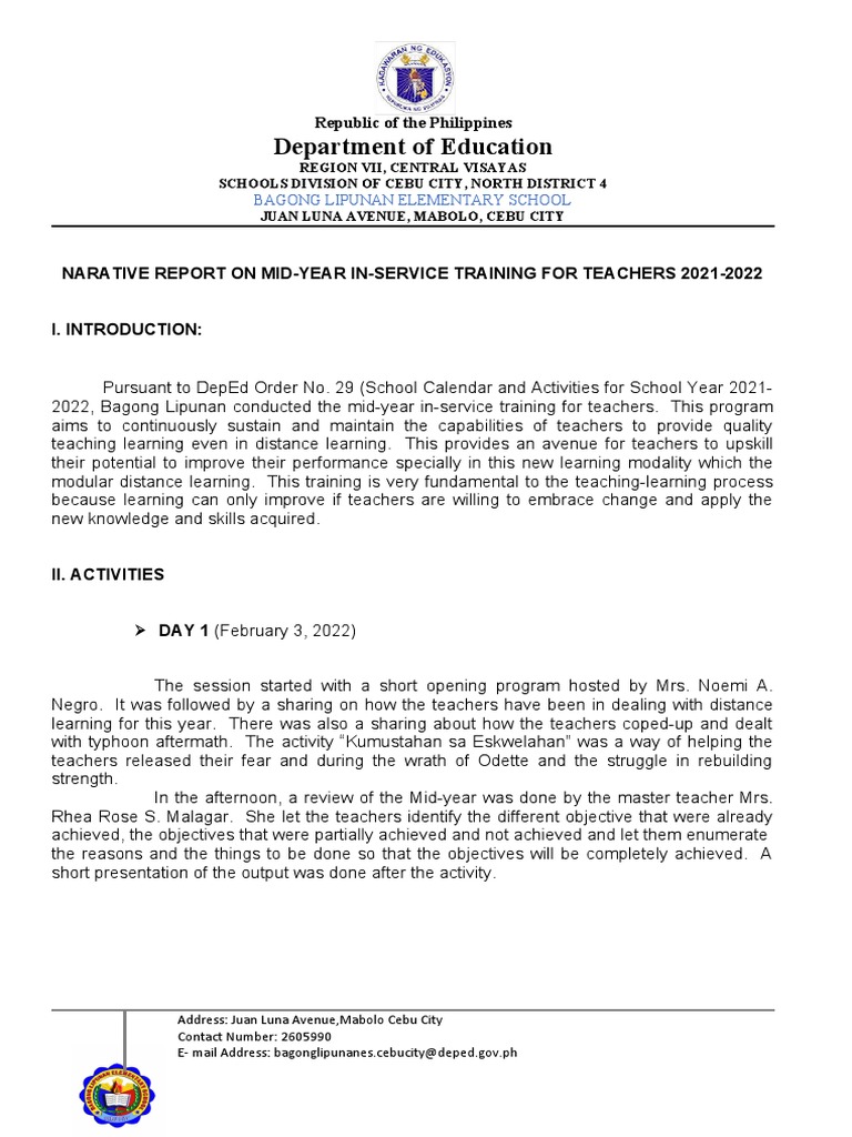 Narrative Report On MID-YEAR INSET 2022 | PDF | Learning | Behavior Modification