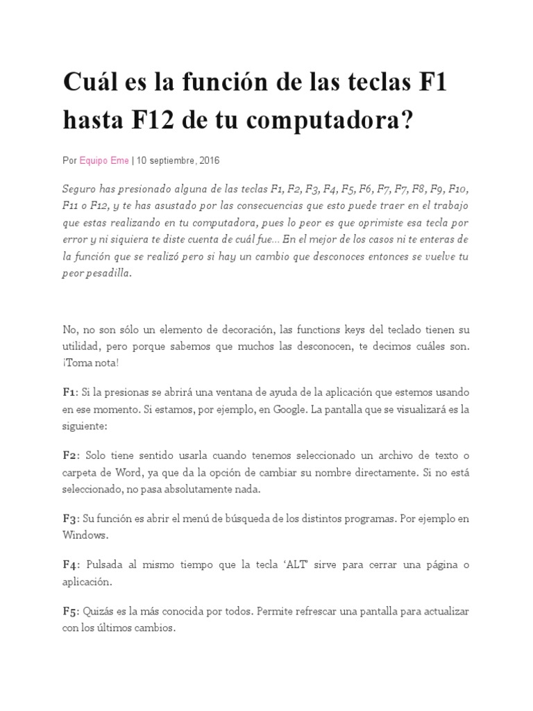 Cuál Es La Función de Las Teclas F1 Hasta F12 de Tu Computadora | PDF
