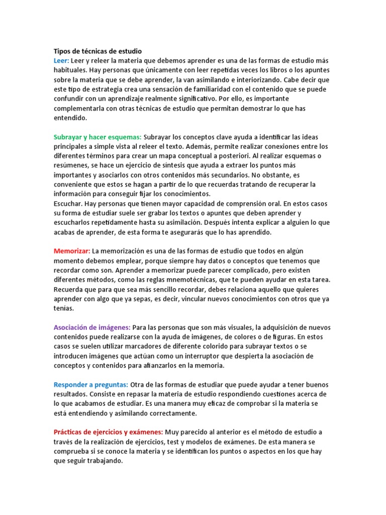Tipos de Técnicas de Estudio | PDF | Habilidades de estudio | Aprendizaje